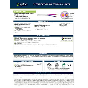 Syston Cable Technology 16/2 LED Lighting Dimmer Dimming Luminaire Control Wire Cable,16 AWG 2 Conductors Solid Bare Copper Unshielded Plenum Rated CMP CL3P FT6, for Ballast Wiring and Connection