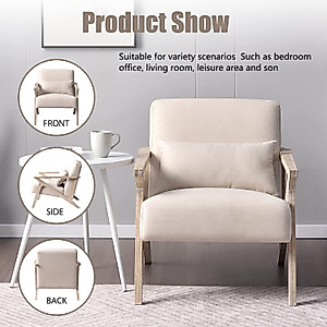 INZOY Mid Century Modern Chair with Wood Frame, Upholstered Armchair with Waist Cushion, Accent Chair for Living Room Bedroom Apartment, Easy Assembly, Beige