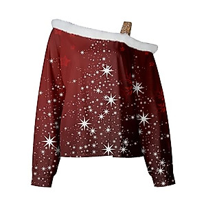 Christmas Womens Fall Fashion 2023 Long Sleeve Cold Shoulder Shirts Christmas Graphic Print Off The Shoulder Tops for Women Cute Sexy Tunic Blouses for Women Plus Size Wine 3XL