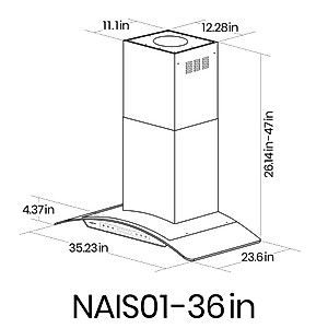 EKON KITCHEN EXPERT 36" Island Mount Range Hood, 900 CFM Ducted, 4 Speed Fan, Stainless Steel & Tempered Glass, NAIS01-36"