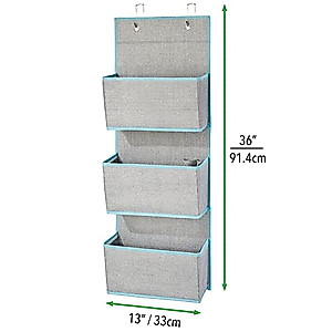 mDesign Fabric Hanging Organizers for Over the Door Storage In Bedroom/Hallway Closets, 3 Pocket Organizer Caddy with Hooks for Linens, Clothing, Accessories, Lido Collection, 2 Pack, Gray/Teal Blue