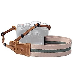Beige Pink Stripe Camera Strap -Double Layer top-grain Cowhide Ends,1.5"Wide Pure Cotton Woven Camera Strap,Adjustable Universal Neck & Shoulder Strap for All DSLR Cameras,Great Gift for Photographers
