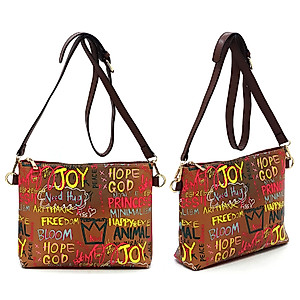 2pcs Set Multicolor Graffiti Printed Bucket Chian Strap Hobo Shoulder Bag & Crossbody Bag 2-in-1 Set Bag (Tan/Yellow)