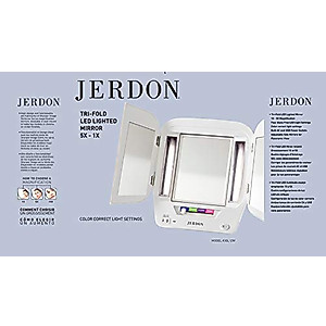 JERDON Tri-Fold Two-Sided Makeup Mirror with LED Lights - Vanity Mirror with 5X-1X Magnification & Multiple Light Settings - White - Model JGL12W