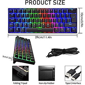 ZIYOU LANG MK21 Portable 60% Mechanical Gaming Keyboard Untra-Compact Type-c Wired with Light Up Chroma LED Backlit Non-Conflict 61 Key TKL Ergonomic for PS4 PS5 PC Mac Windows(Black/Blue Switch)