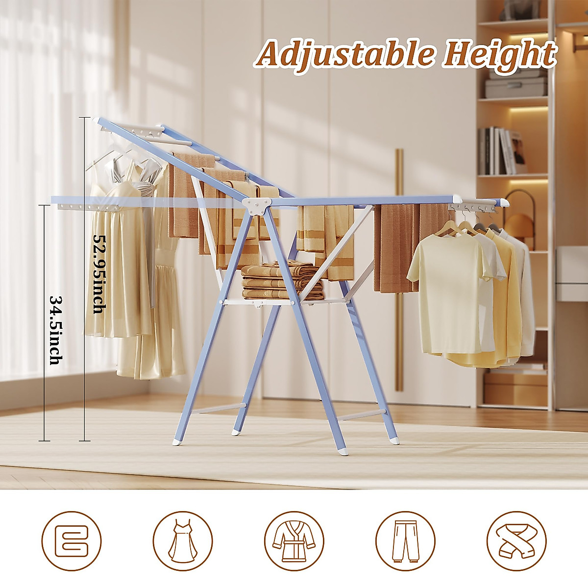 Peimscen Clothes Drying Rack,55 Inches Foldable Aviation Aluminum Alloy Drying Rack,Free-Standing Large Laundry Drying Rack Indoor Outdoor with Height-Adjustable Wings,Windproof Strips,Blue