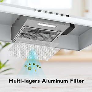 FIREGAS Range Hood 30 inch Under Cabinet Range Hood with 2 Speed Exhaust Fan,Ducted/Ductless Convertible,Rocker Button Control,300 CFM, White Vent Hood Aluminum Filter Included