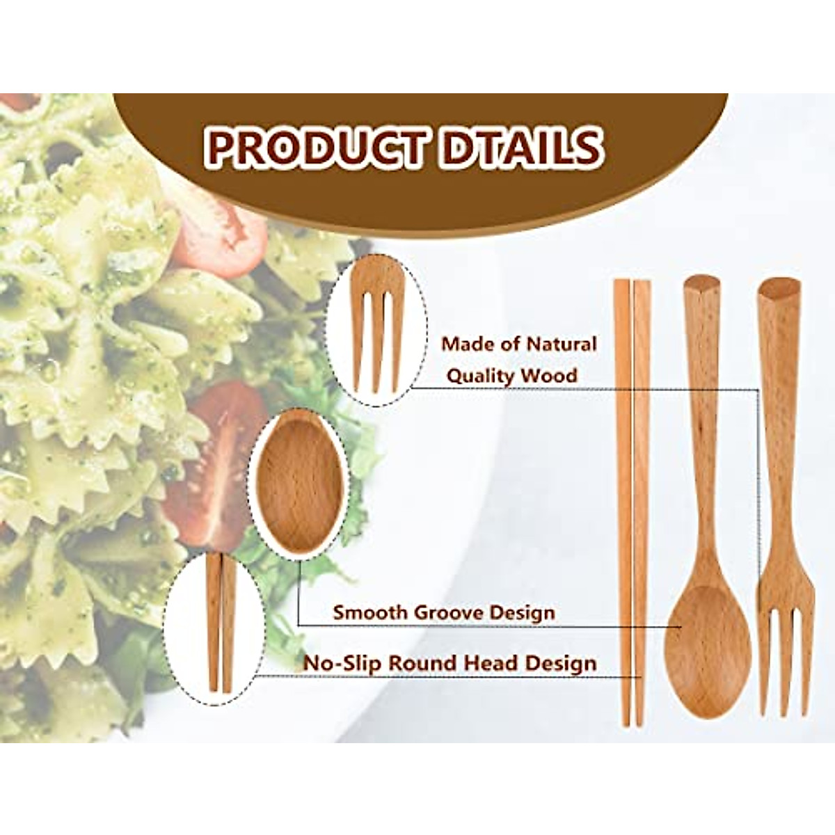 9 Pieces Wood Flatware Set Japanese Style Utensils Wooden Tableware Spoon Travel Cutlery Chopsticks Fork for Eating Portable High Heat Resistant Kitchen Home Camping Picnic School Students