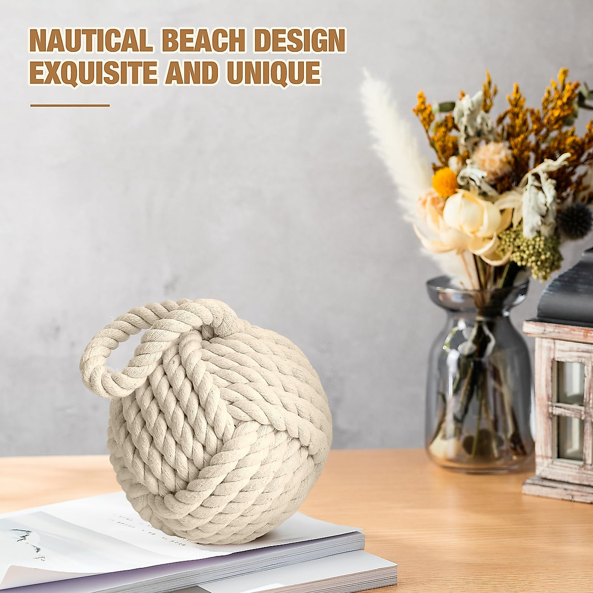 Tenceur 3 Pcs 3 Lbs Decorative Door Stop Rope Knot with Handle 6 Inch Nautical Fabric Door Stopper Twisted Knot Cotton Weighted Interior Doorstop for Door Window Bookend Dog Toys, Ivory