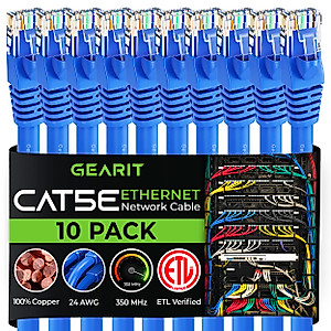 GearIT 10-Pack, Cat5e Ethernet Patch Cable 10 Feet - Snagless RJ45 Computer LAN Network Cord, Blue - Compatible with 10 Port Switch POE 10port Gigabit