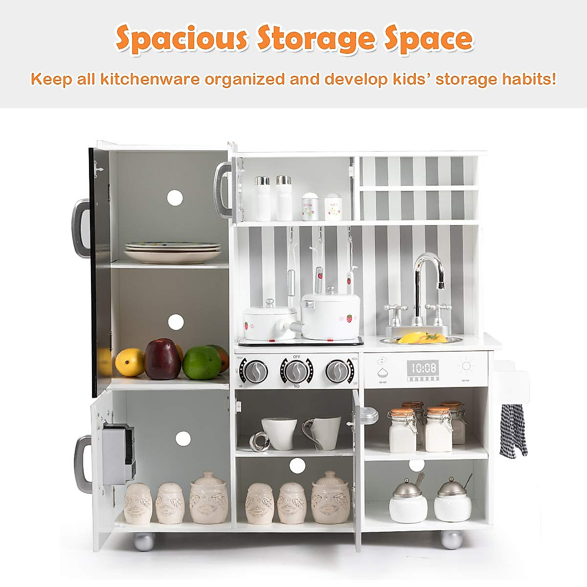 Costzon Kids Kitchen Playset, Wooden Pretend Chef Cooking Set with Simulated Sound, Accessory Utensils, Fringe, Blackboard, Water Dispenser, Oven, Sink, Toddler Kitchen Toy Set Gift for Boys Girls 3+