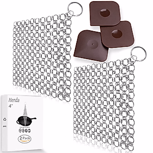 5pieces Cast Iron Clean Kit, 2Pack 316 Stainless Steel Scrubber to Clean Pan Pot+3pack Kitchen Scraper for Cleaning Dutch Oven, Frying Pan,Carbon Steel Pan, Flat Top Stove Grate Iron cookware