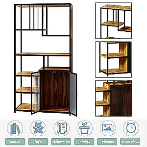 Industrial Bookshelf 69 Inch Tall Etagere Bookcase, Display Shelf with Open Storage Shelves and Right Side Cabinet, Modern Bookcases with Metal Frame for Home Office Living Room and Bedroom, Right
