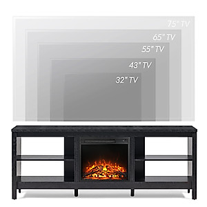 WAMPAT Fireplace TV Stand 75 inch, Electric Fireplace Entertainment Center for 80 inch TV, Farmhouse Wood Media Storage TV Console Table for Living Room Bedroom Office, Black