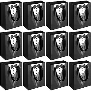 Sinmoe 24 Pieces 7 Inches Groomsmen Gift Bags Tuxedo Treat Bags Wedding Party Favor Black Tie Shirt Pattern Paper Present Bags for Wedding Father's Birthday Anniversary Goodies Treats