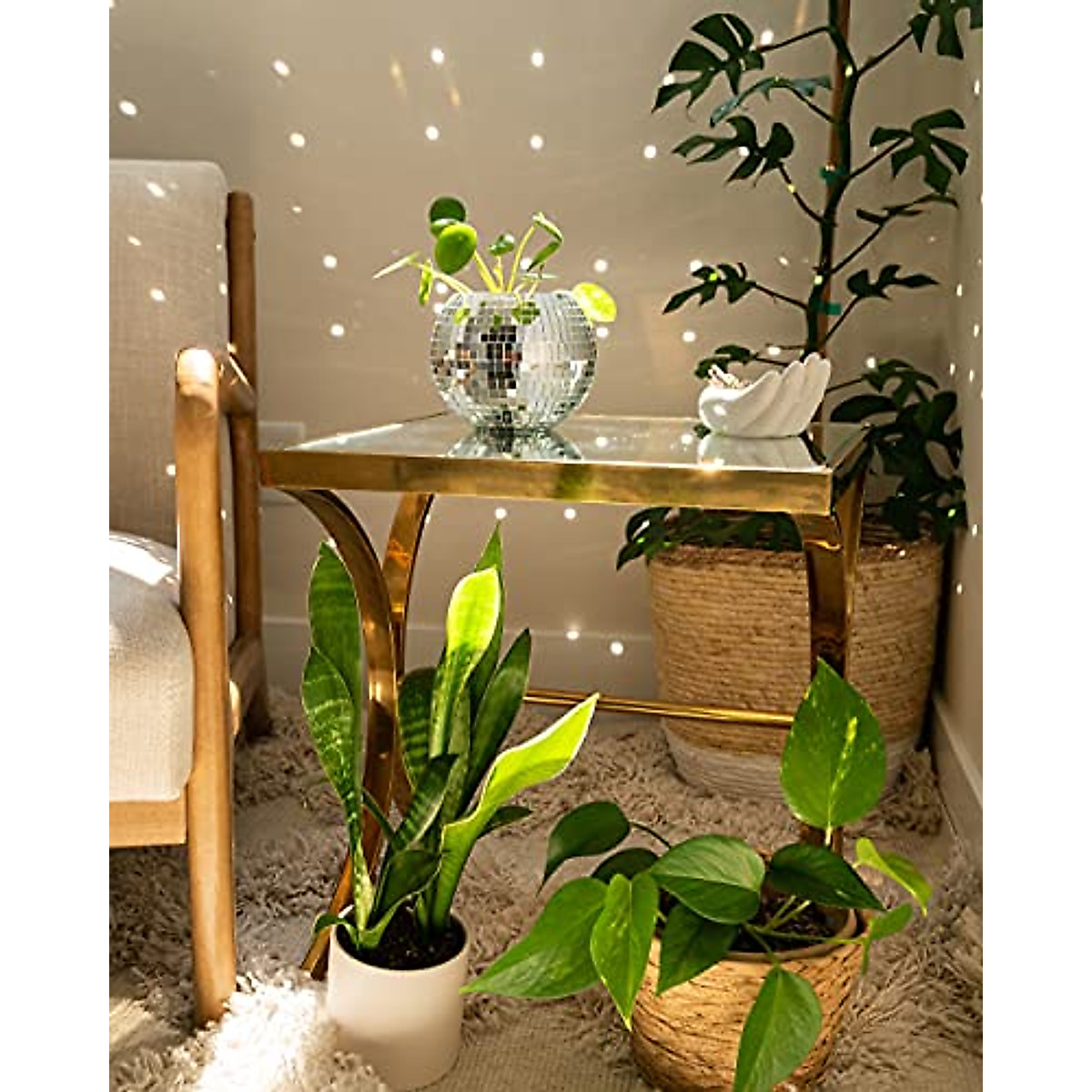 Havenstone Home Hanging Disco Ball Planter 6" with Flat Base - Includes Self-Watering Insert + White Cotton Macrame Plant Hanger- Indoor/Outdoor Plants, Home Décor & Room Décor with Cotton Rope