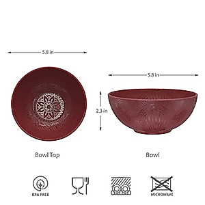 bzyoo BPA-Free Dishwasher Safe 100% Melamine Plastic Designed 23oz Bowl Set Best for Indoor and Outdoor Party Portion Control Health Living (4 PCS 23oz Bowl set, la la Mandala Red)