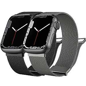 [2 PACK] Metal Stainless Steel Bands Compatible with Apple Watch Bands Series 8 7 6 5 4 3 2 1 SE 42mm 44mm 45mm, Mesh Loop Magnetic Milanese Strap for iWatch Bands (Black & Graphite)