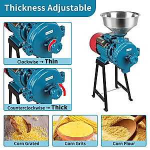 Snowtaros Electric Grain Mill Grinder 3000W 110V, Commercial Corn Grinder with Funnel, Dry Feed Grain Mill Machine, Thickness Adjustable, Powder Grinder for Grain Corn Rice Herbs Pepper (Dry Grinder)