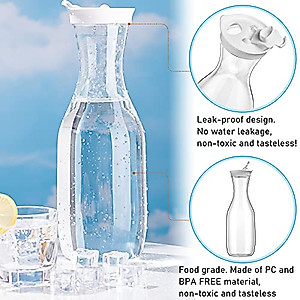 4 Pack Clear Plastic Water Carafes 50 Oz Beverage Pitcher Carafe with Flip top Lids and 16.4 Ft Rope 30 pieces Paper Cards for Tea Juice Water iced Coffee, Narrow Neck Design