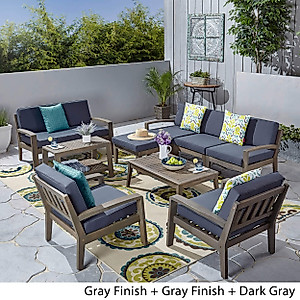 Great Deal Furniture Sally 7-Seater Sectional Sofa Set for Patio with Loveseat, Club Chairs, Ottoman, and Coffee Tables, Acacia Wood, Gray Finish with Dark Gray Outdoor Cushions