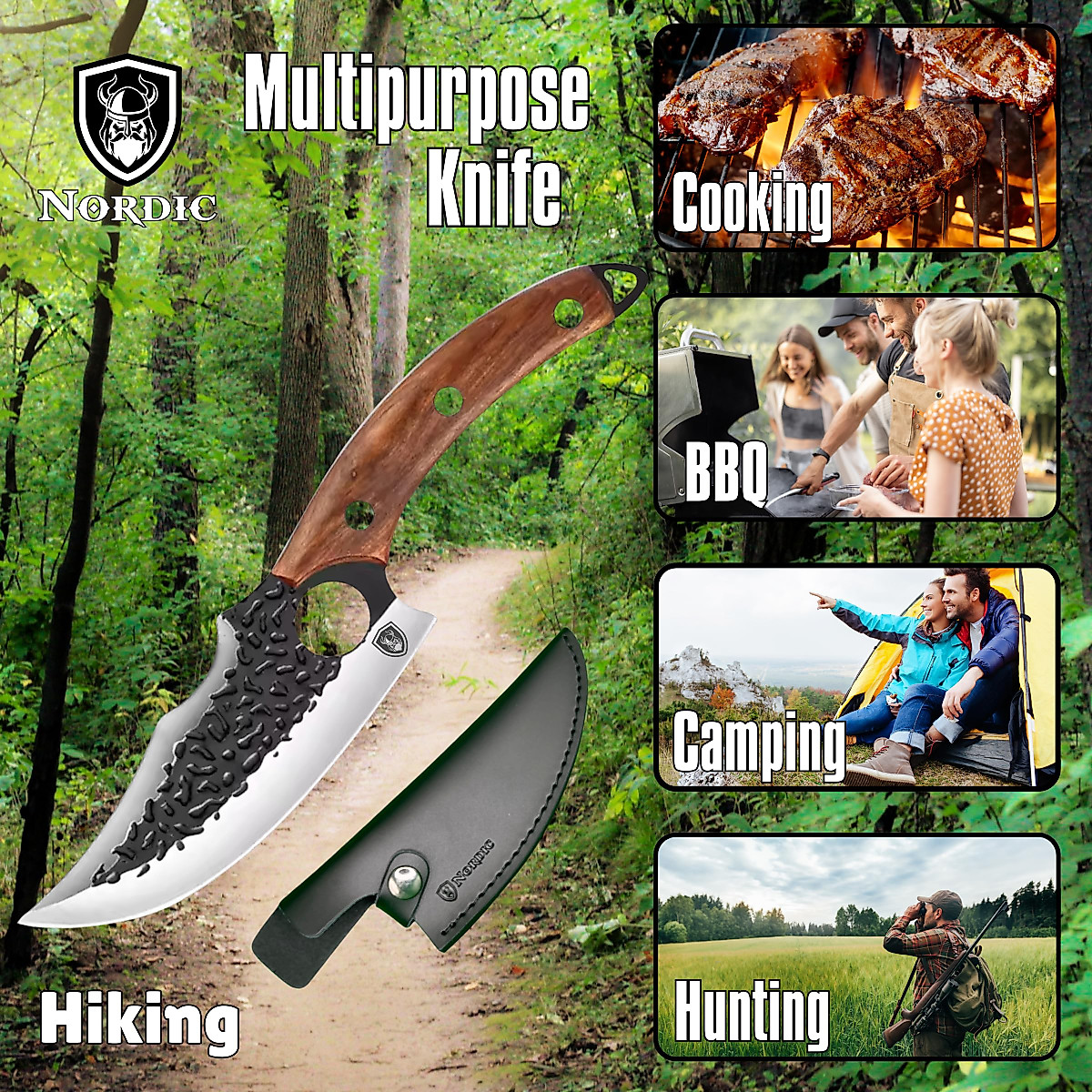 Nordic New Upgraded Hand Forged Viking High Carbon Steel Boning Knife with Leather Sheath, Multipurpose for Meat Cutting, Kitchen, Camping, BBQ, (Brown)