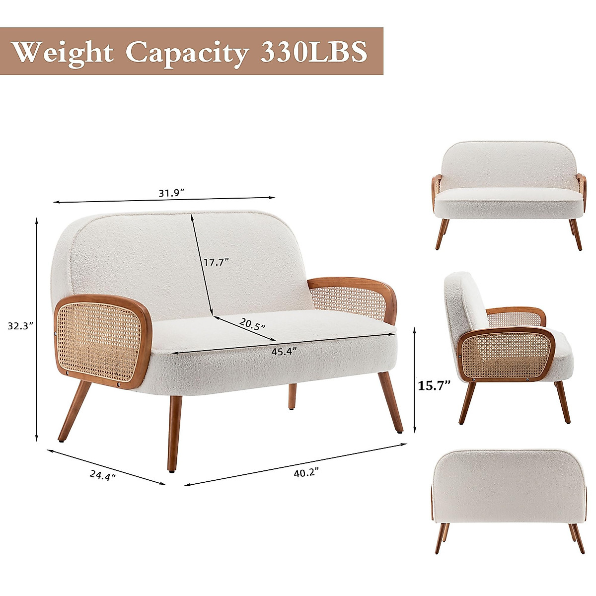 Aklaus 45" W Small Loveseat with Natural Rattan Arms,Upholstered Modern Mini Sofa Couch Love Seat Settee Bench with Back for Living Room Bedroom Office Small Space Entryway Teddy White