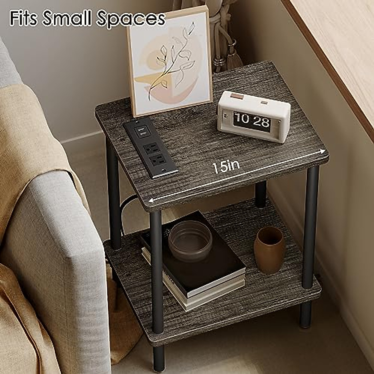 Fixwal 2-Tier Nightstand with Charging Station, End Table Set of 2, Side Table with USB Ports and Power Outlets, Side Table for Living Room, Bedroom, Grey and Black