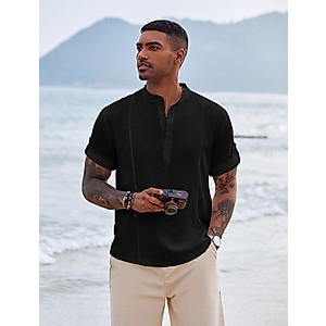 COOFANDY Men's Henley T-Shirts Short Sleeve Casual Band Collar Black Shirts Fashion Linen Tee Summer Beach Hippie Party Wear