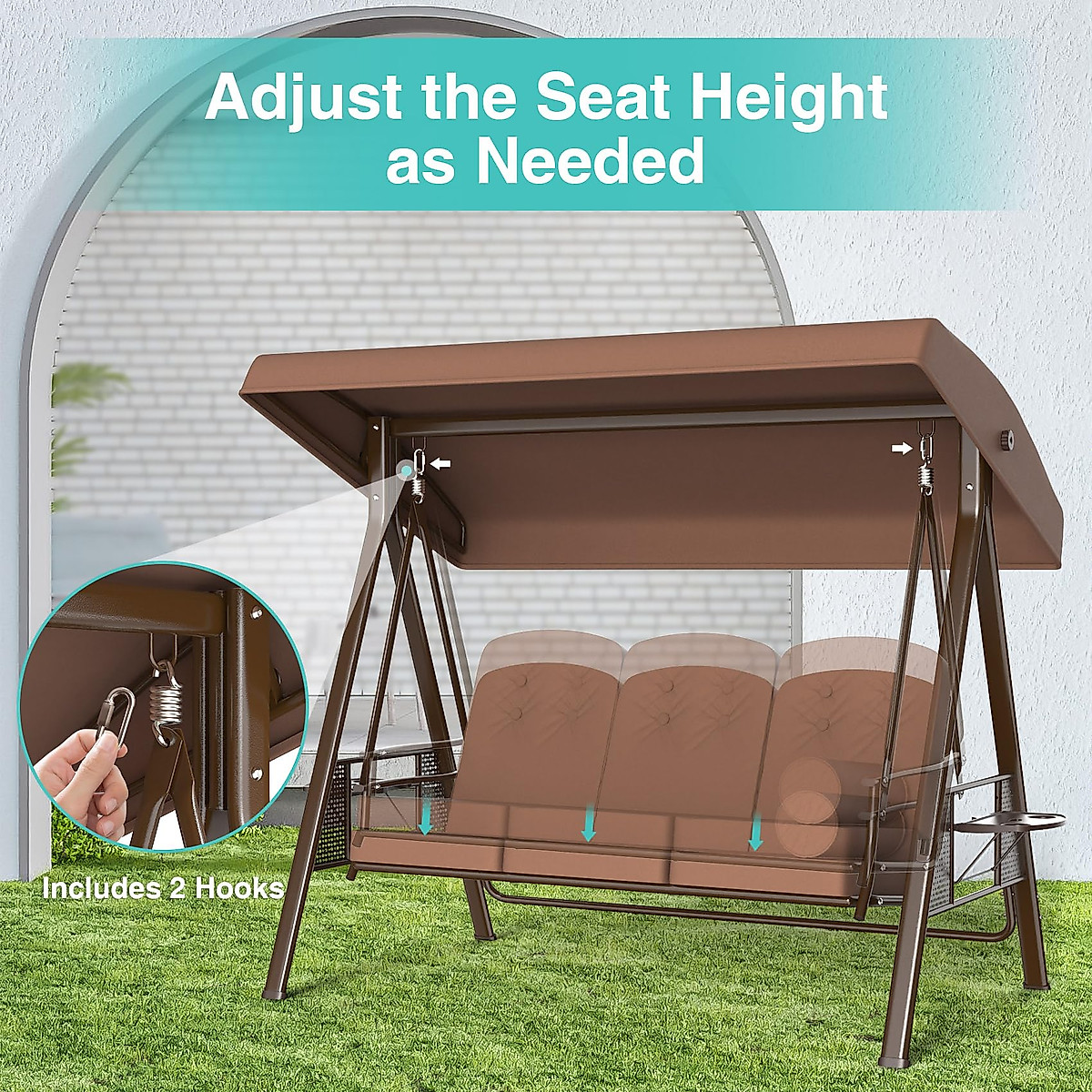 ZENPETIO 3-Seat Outdoor Patio Swing, Adjustable Canopy Porch Swings, Deluxe Outdoor Swing with Weather Resistant Steel Frame, Thickened Cushions, Pillows & Cup Holders for Backyard, Porch, Garden