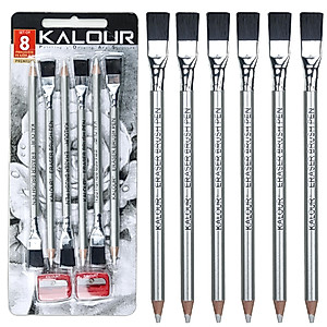 KALOUR Detail Eraser Pencil - 6pc Eraser Pencils with Brush and 2pc Sharpener,Erasing Small Details or add Highlights for Sketching, Charcoal Drawings. Fine Detail Eraser for Beginners & Artists
