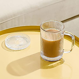 Lysenn Clear Glass Coffee Mug - Classic Vertical Stripes Tea Mug - Elegant Coffee Cup with Glass Lid for Latte, Espresso - Lovely Gift for Christmas, Anniversary and Birthday - 11 oz