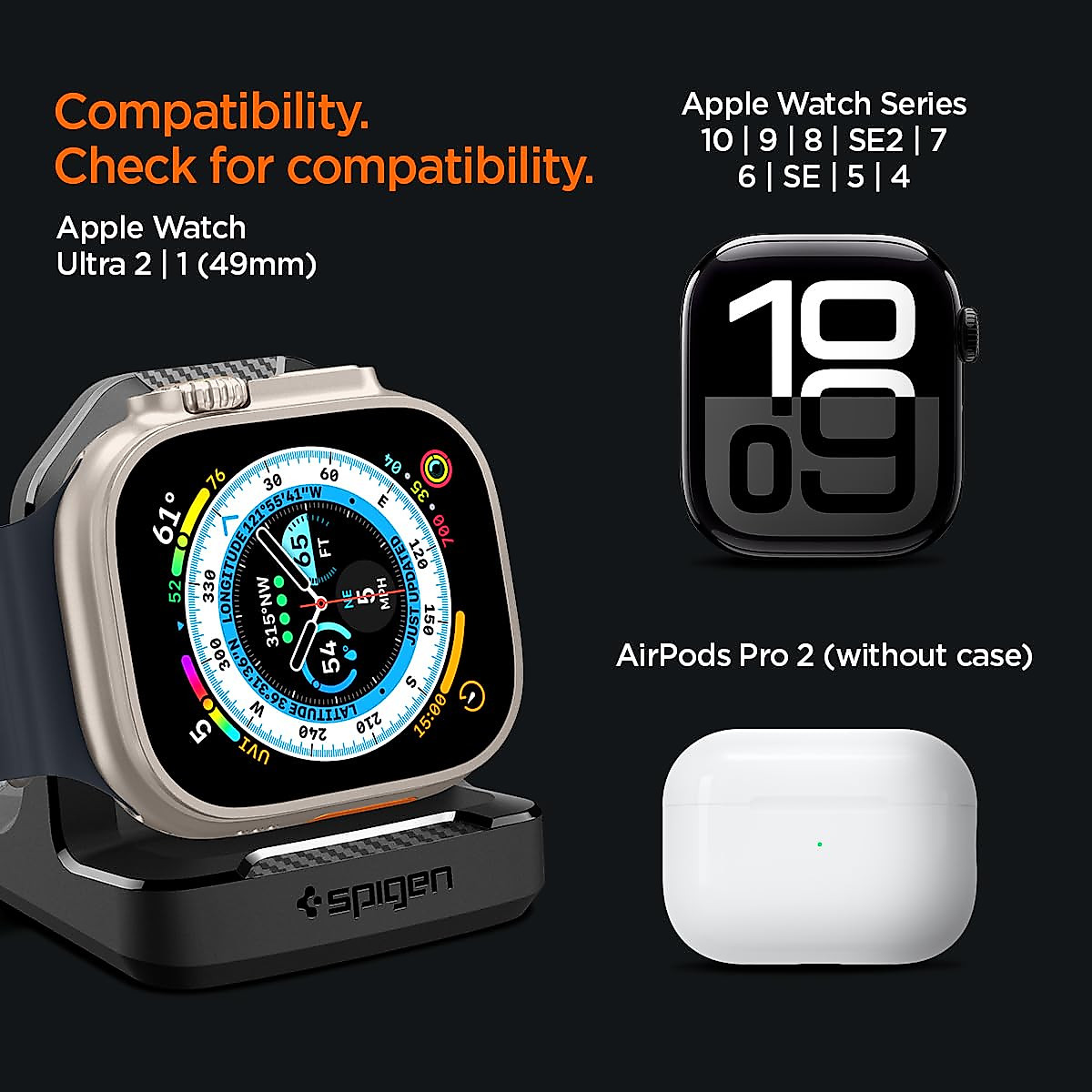 Spigen Rugged Armor Stand Designed for Apple Watch Charger Stand Compatible with Ultra 2/1 49mm, Series 10 46/42mm, 9/8/7 45/41mm, SE2/SE/6/5/4 44/40mm Durable TPU with Non-Slip Stable Base - Black