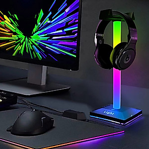 MOCIUN RGB Gaming Headphone Stand, Headset Gaming Headset Stand with Usb2.0 Hub and 3.5mm Port Audio T-ouch Control Led Strip Lamp Backlight Computer Desktop Display Holder USB Port (A)
