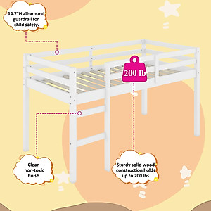 ANDORON Low Loft Bed Twin Size, Kids Solid Wood Modern Loft Bed Frame with Ladder and Safety Guardrail for Girls Boys, Noise-Free, Non-Toxic Finishes, Space-Saving, No Box Spring Needed (White, Twin)