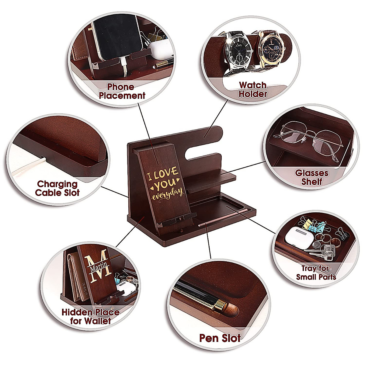 Personalized Wood Phone Docking Station For Husband Boyfriend - I Love You Everyday - Key Holder Wallet Stand Watch Organizer Men Gift Anniversary Birthday Christmas Nightstand Male Travel Gadgets