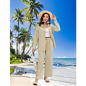 Zeagoo Women Linen Suit Two Piece Outfits Summer Beach Linen Shirt and Pants Set