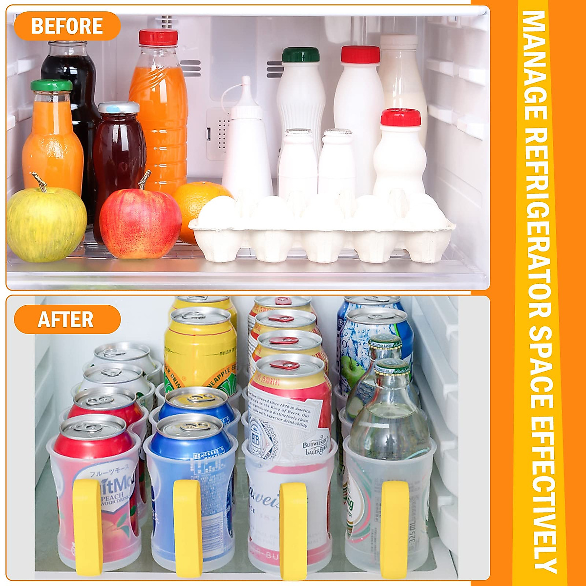 6 Pcs Portable Soda Can Organizer for Refrigerator Shelf Clear Plastic Beer Can Racks with Removable Handle Drink Organizer for Fridge Storage Beer Freezer Beverage Can Holder Soda Dispenser (Yellow)