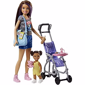 Barbie Skipper Babysitters Inc 2 Dolls & Accessories, Set with Brunette Skipper Doll, Small Doll & Bouncy Stroller (Amazon Exclusive)