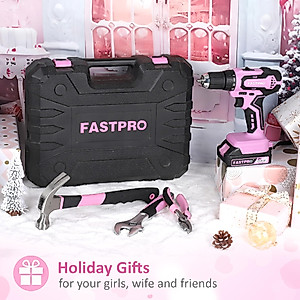 FASTPRO 177-Piece 20V Pink Cordless Lithium-ion Drill Driver and Home Tool Set, Lady's Home Repairing Tool Kit with Drill in Tool Storage Case