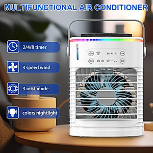 Azoiito Portable Air Conditioners,Small Air Conditioner with 2 Mist&3 Timer&7 Colors Night Light,Evaporative 3 Speed Personal Air Cooling Fan,Mini Desk Air Cooler AC Fan for Car, Office Camping