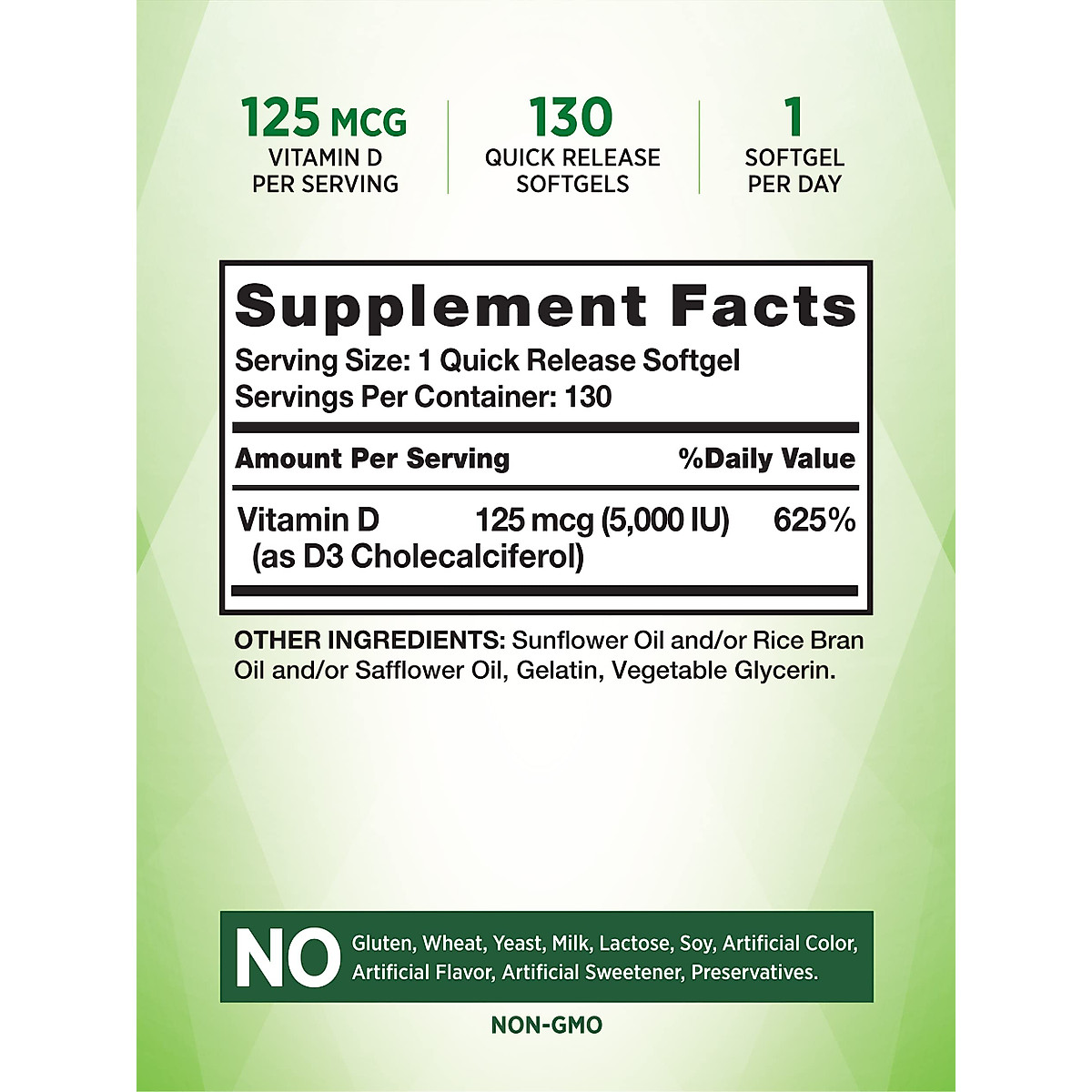 Nature's Truth Vitamin D3 5000 IU Softgels 130 Count | High Potency Vitamin D | Non-GMO, Gluten Free