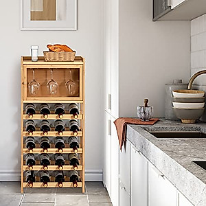 COSTWAY Freestanding Wine Rack, 20-Bottle Wine Display Shelf w/ 100% Bamboo Material, Glass Holder, Transparent Cabinet Door, Vertical Wine Bar Cabinet Organizer for Kitchen, Pantry, Home Bar