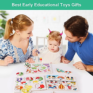 Wooden Peg Puzzles for Toddlers 1-3, Kids' Educational Preschool Peg Puzzle Toy, Set of 3 Toddler Puzzles - Traffic, Dinosaur, and Fruit, Ideal Gift for Ages 1 2 3 Boys and Girls