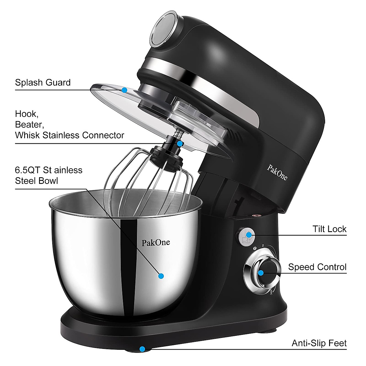 BONISO Stand Mixer,6.5-QT 800W 6-Speed Tilt-Head Food Mixer, Kitchen Electric Mixer with Dough Hook, Wire Whip & Beater