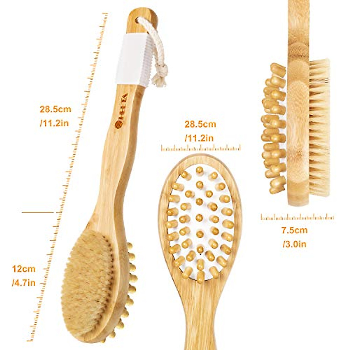 HEETA Body Brush, Long Handle Solid Wood Boar Bristle Brush, Lymphatic Drainage Massager, Body Exfoliating Brush for Shower, Gently Exfoliate Dead Skin & Cellulite, Natural Bristles Brush (Brown)
