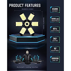 LIGHTNUM 4 Pack LED Garage Light, 45W LED Lights for Garage, 16000LM 6500K E26/E27 Deformable Garage Lights Ceiling LED with 6 Adjustable Panels Compatible for Workshop Storage Room Basement