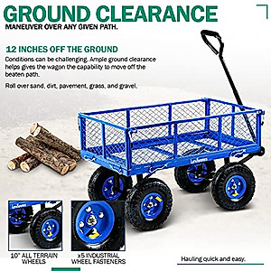 Landworks Lawn & Garden Utility Cart / Beach Wagon, All Terrain, w/ Heavy Duty Removable Side Meshes, 400 lbs Cap, Blue