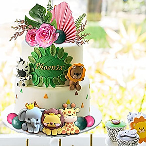 UFROMSKY 22pcs Safari Jungle Animal Cake Toppers Flower Balls Cake Decoration with Boho Palm Leave Forest Animal Toys and Artificial Flowers for Boys Girls Safari Theme Birthday Party Supplies