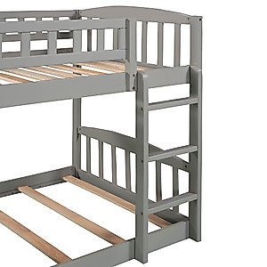 Harper & Bright Designs Kids Bunk Bed Twin Over Twin, Wooden Bunk Bed with Slide and Guardrail, Floor Bunk Bed with Stairway/Two Drawers/Handrail, Space-Saving Bedroom Dormitory Furniture (Gray)